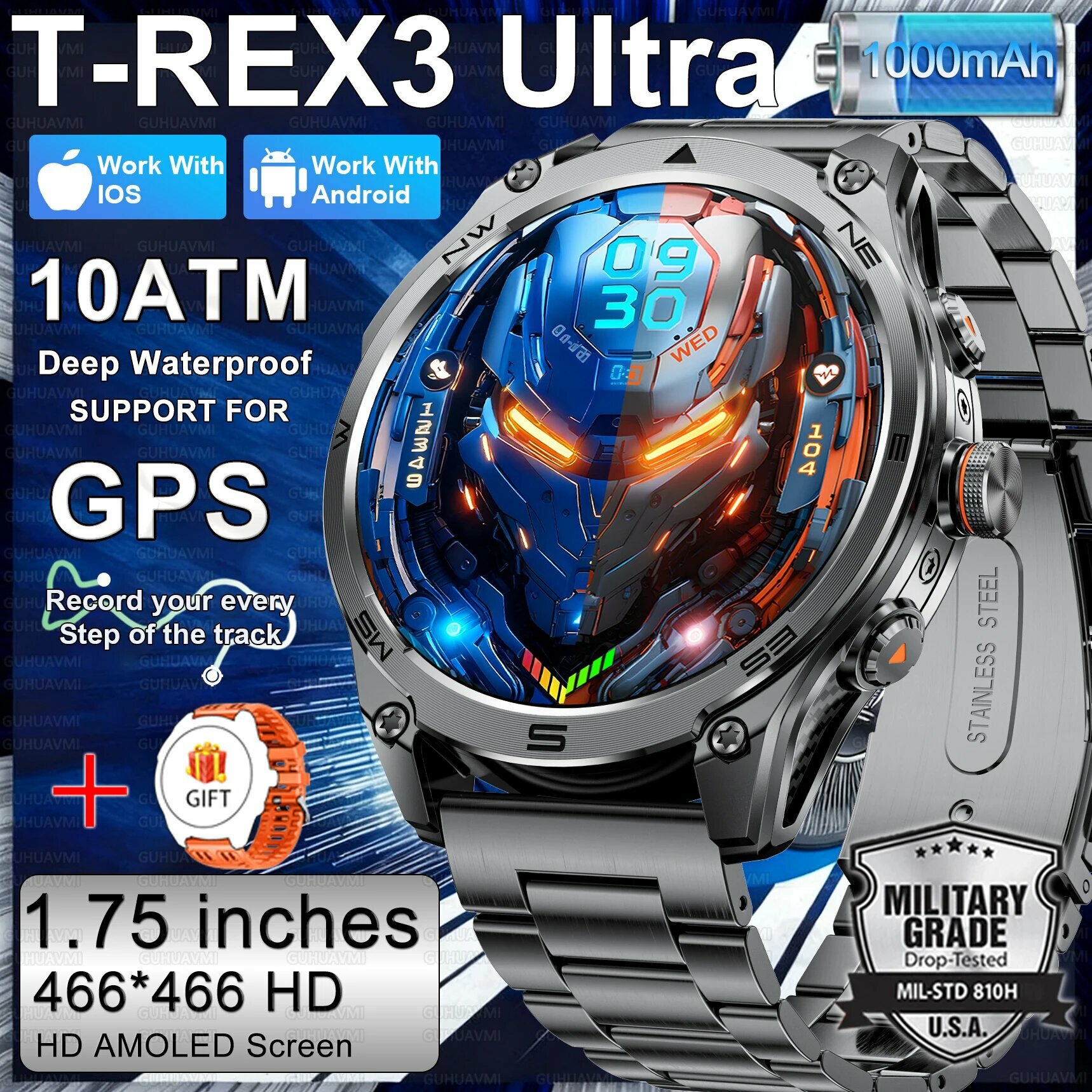 T-REX3 Мужские Умные Часы GPS Black Steel Orange