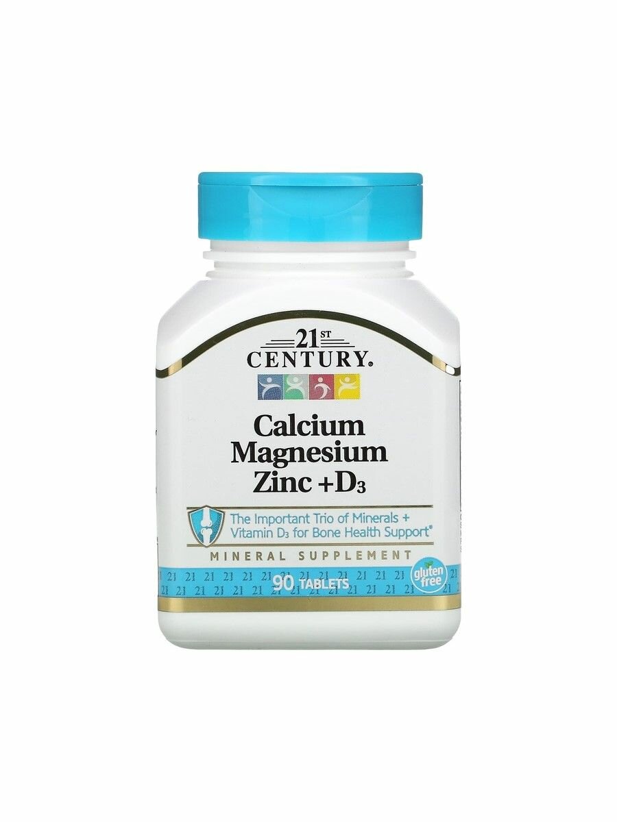 Кальций Магний Цинк и Витамин D3, 21st Century, Calcium Magnesium Zinc + D3 90 таблеток, для иммунитета