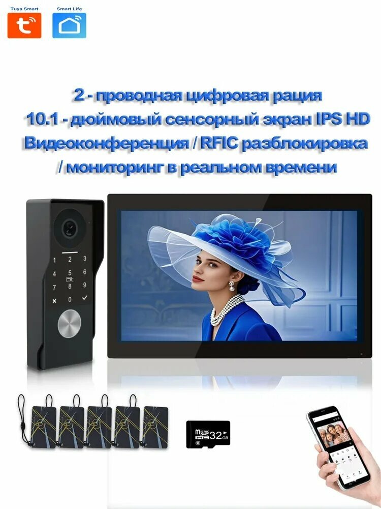 Комплект видеодомофона 2-проводной Морозостойкий -30 Сенсорный монитор 10" Управление замком/калиткой APP Обнаружение людей RFID