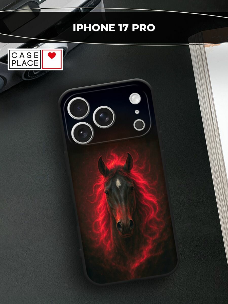 Черный матовый чехол на Apple iPhone 17 Pro / Айфон 17 Про с принтом Конь и огненная грива