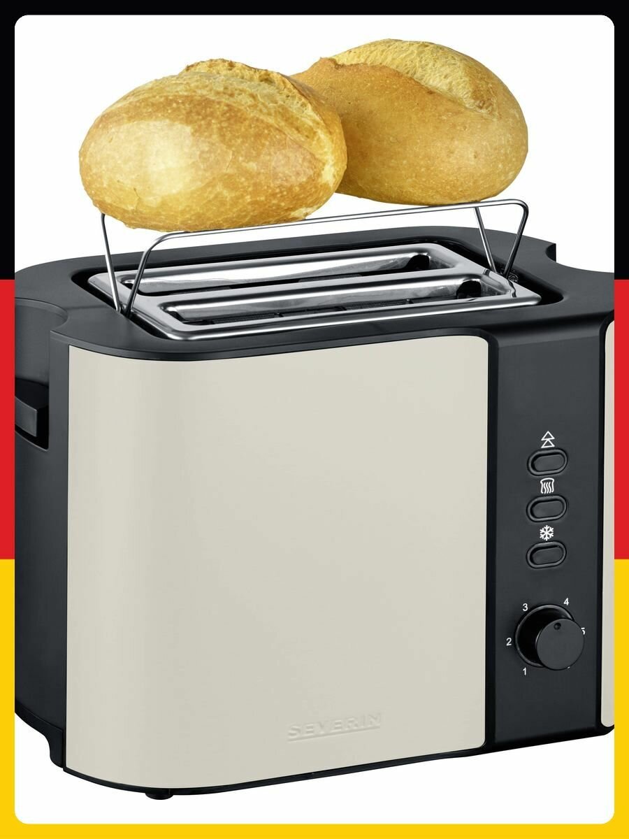 Тостер Severin 9576 с индикатором, со встроенной подставкой для подогрева булочек, бежевый, черный