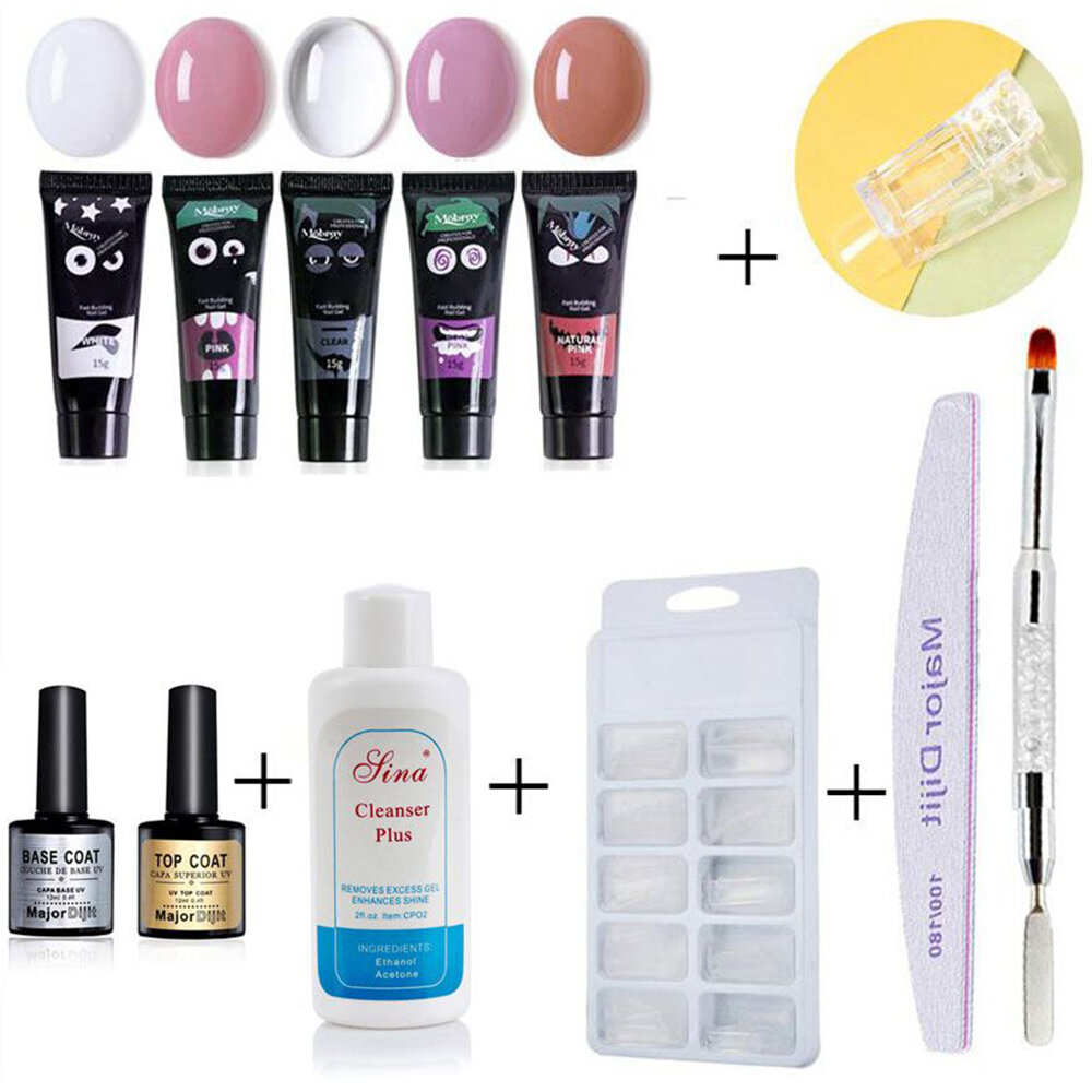 Набор клея для наращивания ногтей с двусторонней кистью и пинцетом, клипсом для насадок на ногти, 5 цветов, гель для укрепления ногтей, базовый и топовый покрытия, 100 штук ложных ногтей, пилка для ногтей, очиститель для ногтей, материал резина, размер