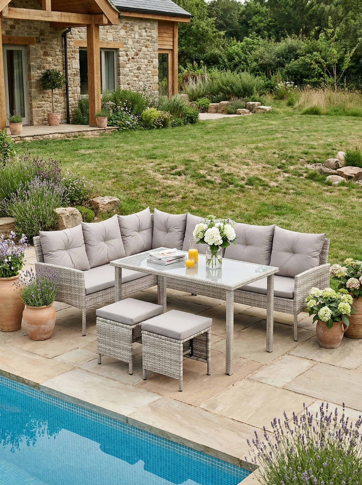 Комплект для обеда и отдыха из искусственного ротанга Фьорд Корнер-7 (Fjord Corner-7), серый