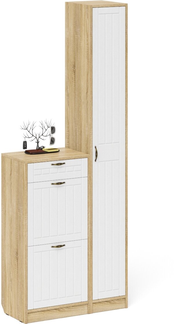 Тумба для обуви в прихожую с пеналом П-6, цвет дуб сонома/фасады МДФ белое дерево фрезеровка прованс 80х35х210 см.