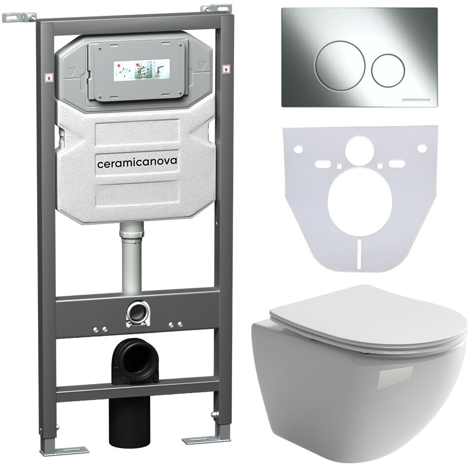 Комплект 4в1 Унитаз подвесной с сиденьем Ceramicanova CN4002_1001CH_1000 белый + Система инсталляции + кнопка
