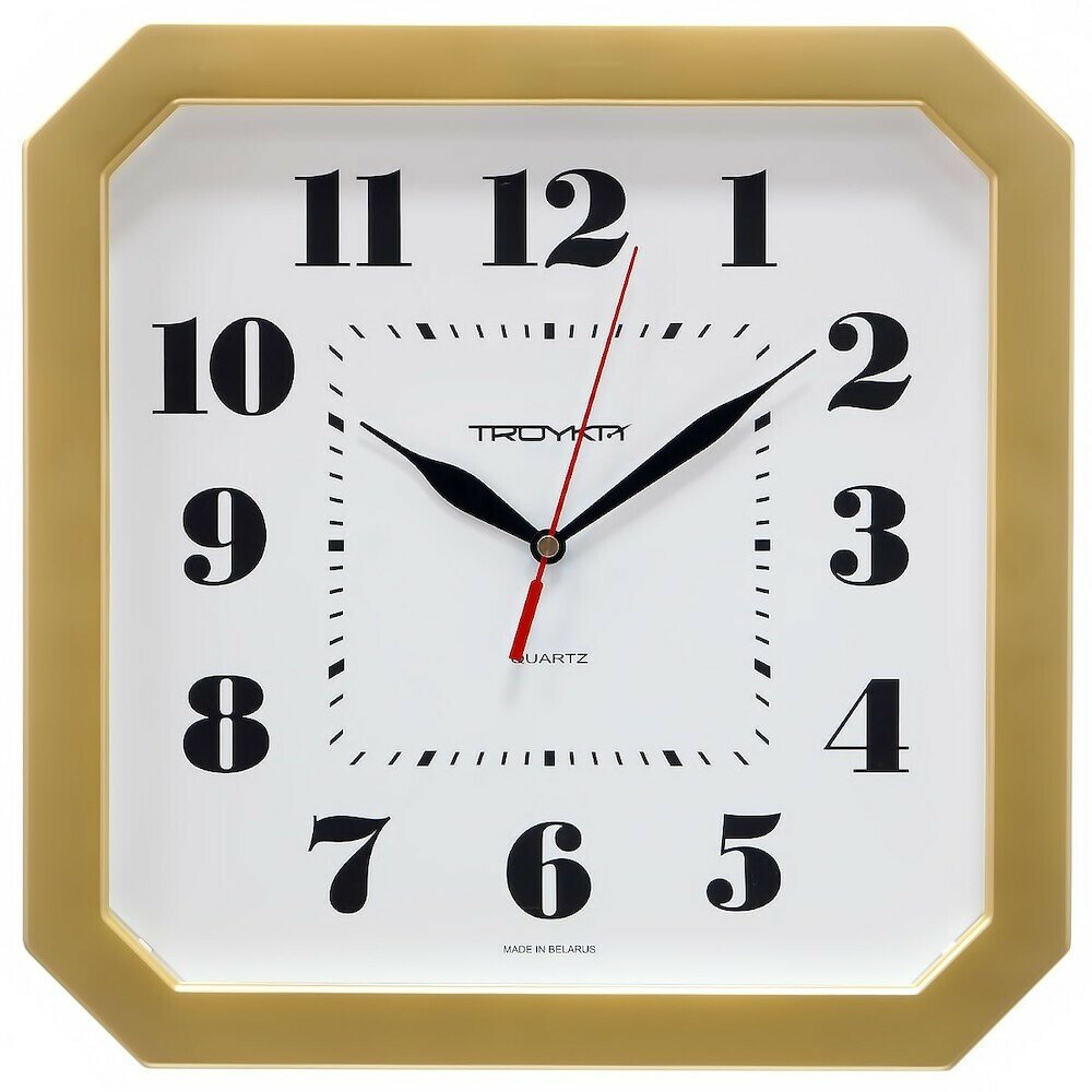 Часы настенные TROYKA 31371314 арабские цифры белые квадратные обод золотистый 290мм плавный ход