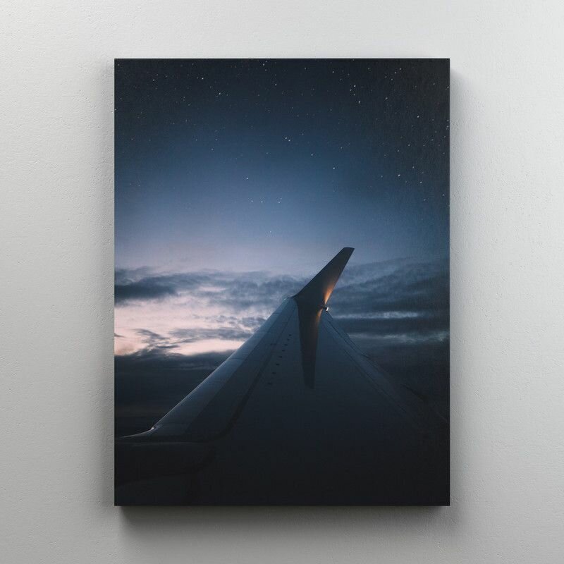 Интерьерная картина на холсте "Крыло самолета под звездным небом" размер 22x30 см