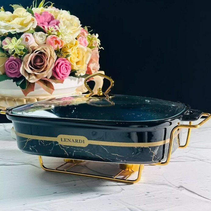 Прямоугольный сервировочный мармит 38см с крышкой на подставке Фарфор 133-357 118-133-357