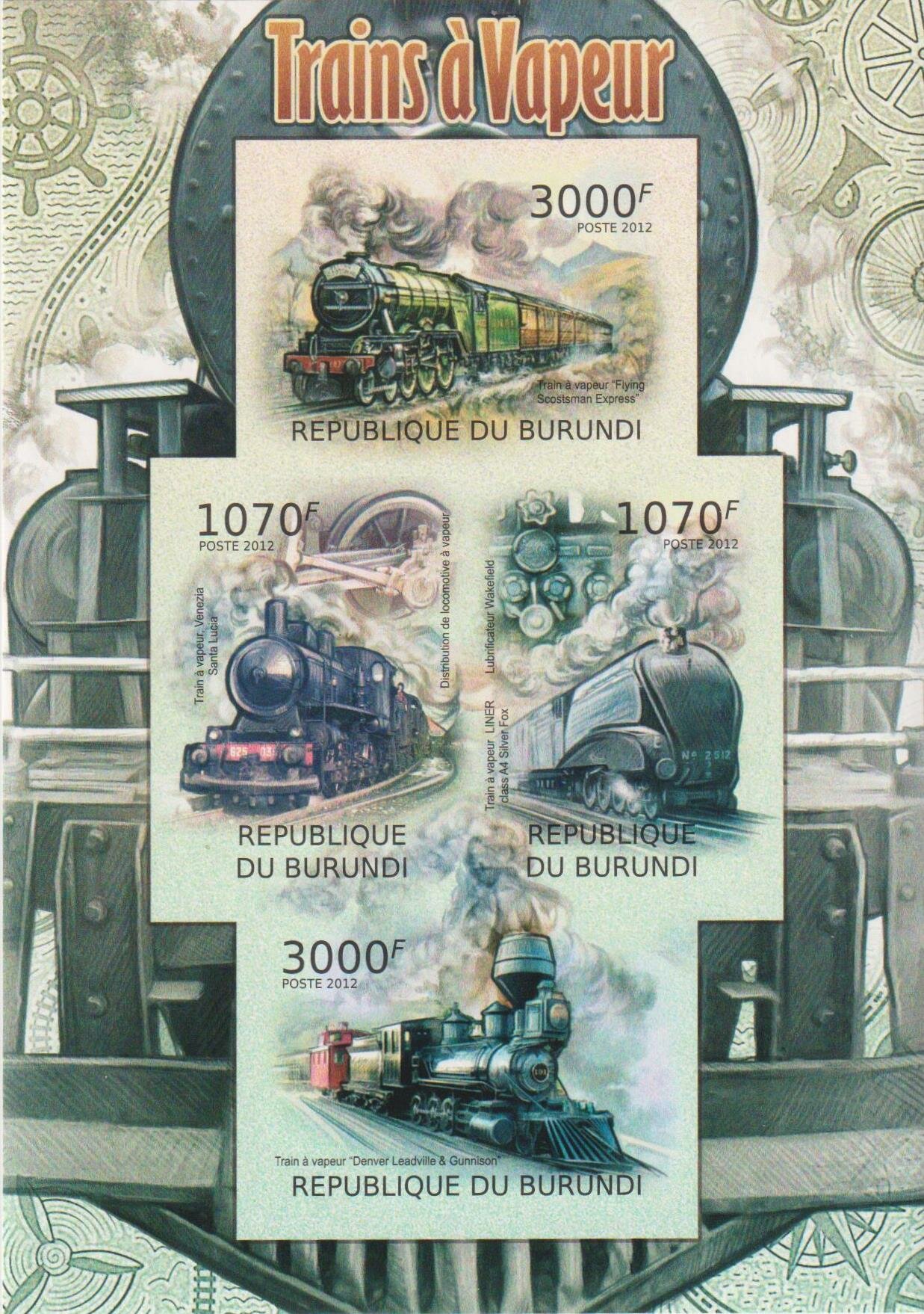 Почтовые марки Бурунди 2012г. "Паровозы" Локомотивы, Железные дороги MNH