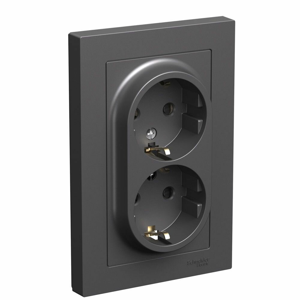 Systeme Electric AtlasDesign Базальт Розетка двойная с заземлением со шторками, 16А, в сборе, ATN001426