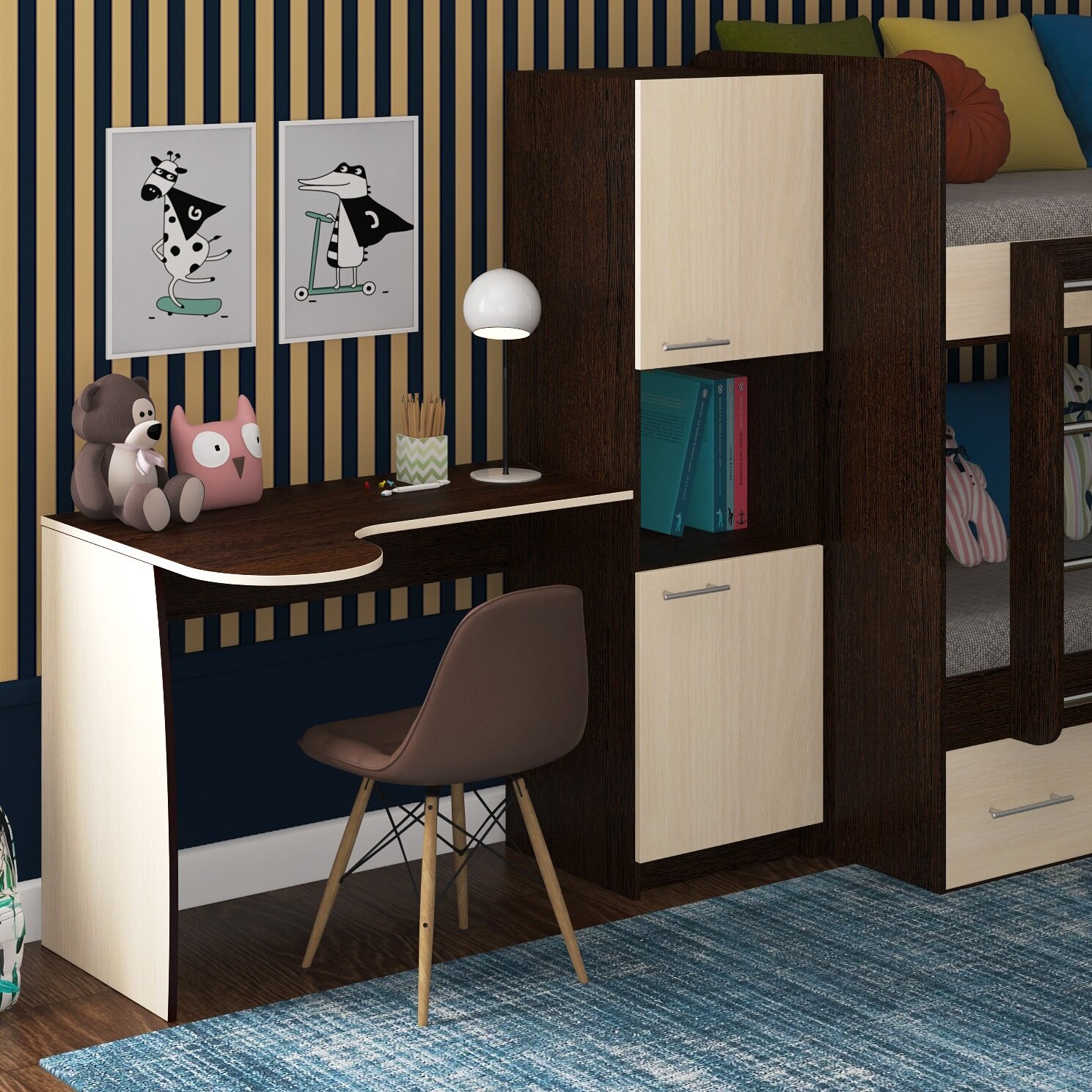 Письменный стол со стеллажом, с пеналом, Есэндвич Лаворо, 145x67,5х150 см, правый (Венге/Выбеленный дуб)