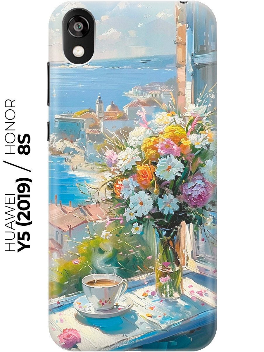Силиконовый чехол на Honor 8S / Huawei Y5 (2019) с принтом "Букет цветов и кофе"