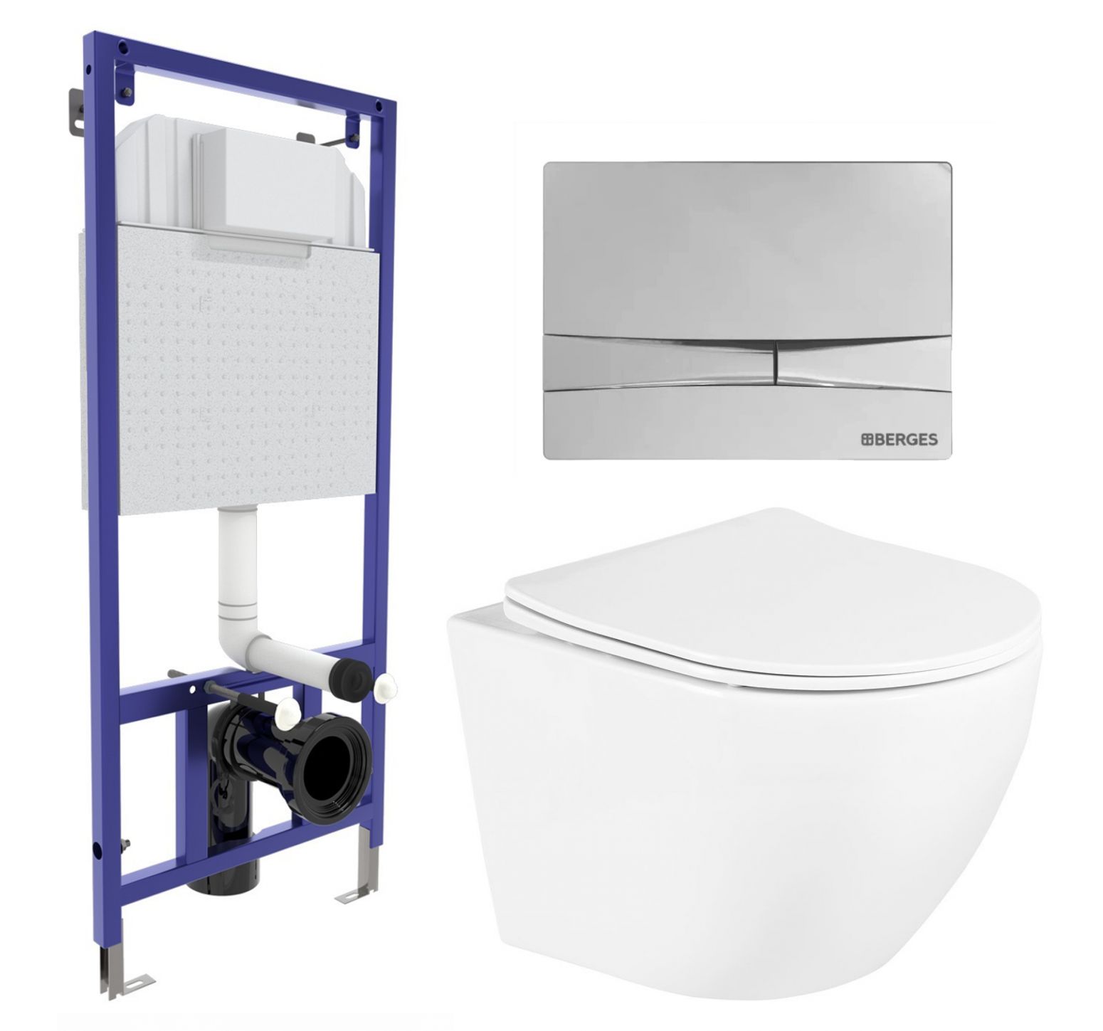 Комплект 3 в 1 инсталляция Berges Wasserhaus Novum 040253 + Унитаз подвесной BelBagno Uno BB3105CHR/SC + кнопка хром