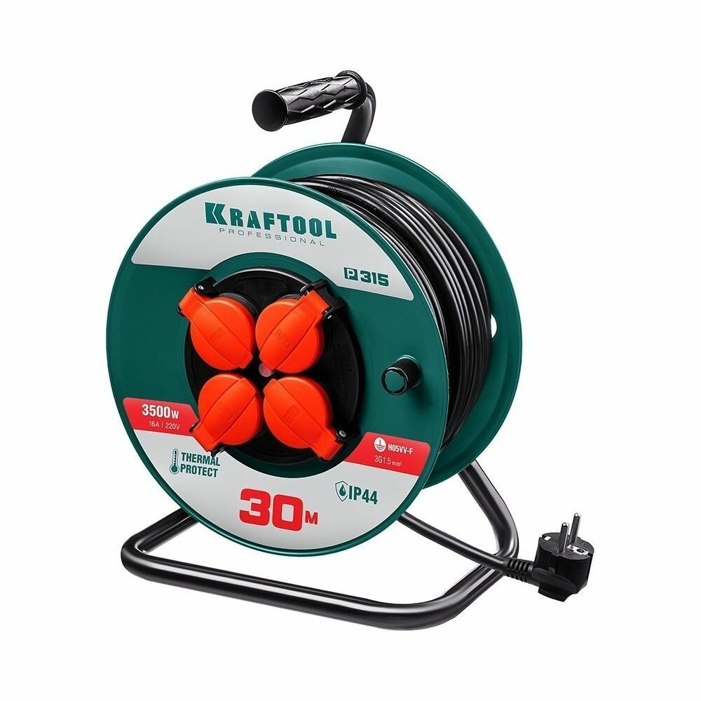Силовой удлинитель на катушке KRAFTOOL, 30 м, 3500 Вт, 4 гнезда, IP44, ПВС 3x1,5 кв. мм, 55084-30