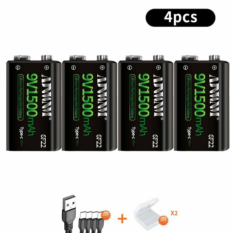 Крона аккумуляторная 9V батарейка 6F22 1500 mAh, Комплект Крона аккумулятор 4 шт + кейс и кабель Type-c USB.