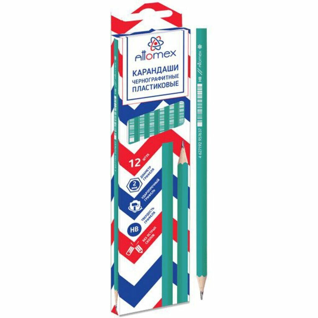 Карандаш Attomex HB, шестигр, корп. зелёный пластиковый. Комплект из 12 карандашей