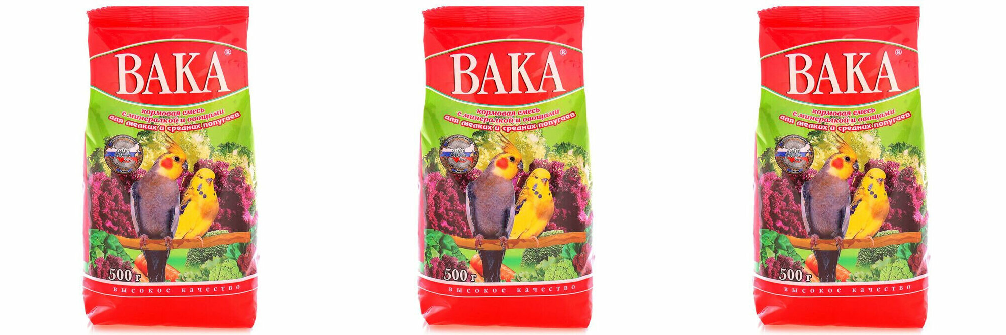 Вака Корм для мелких и средних попугаев с минералами и овощами 500г,3 шт