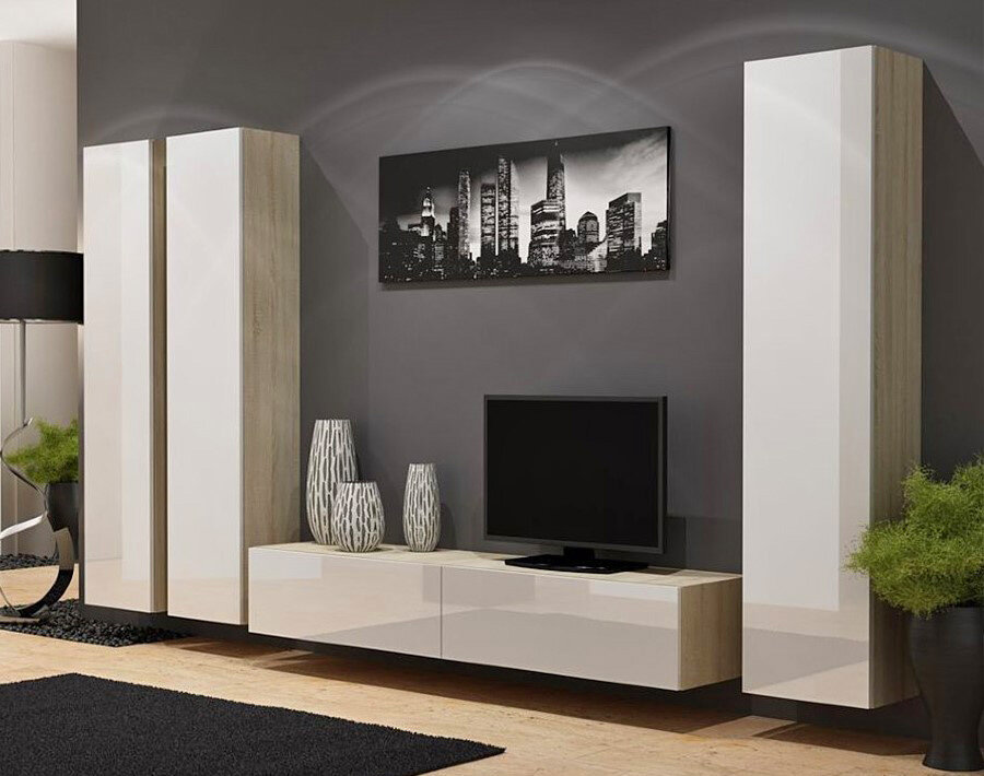 Гостиная Виго 1 МДФ Белый DM635-6 / Дуб Сонома 3025 NEW 300x42x180 см, белый, дуб сонома Дом мебели для вас