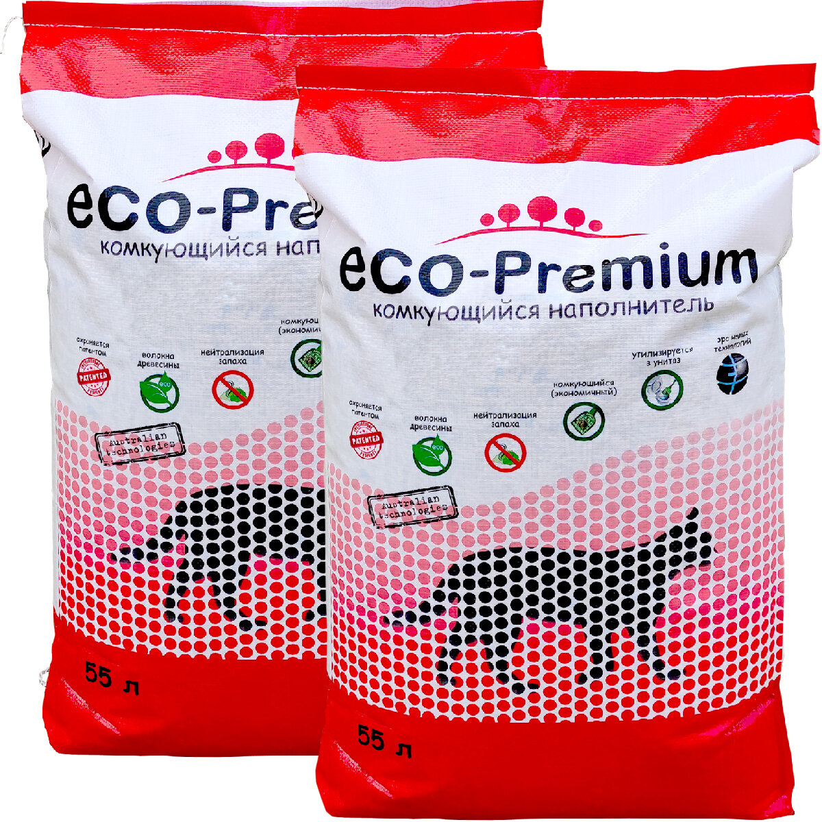 ECO-PREMIUM зеленый ЧАЙ наполнитель древесный комкующийся д туалета кошек с ароматом зеленого чая 20,2 + 20,2 кг