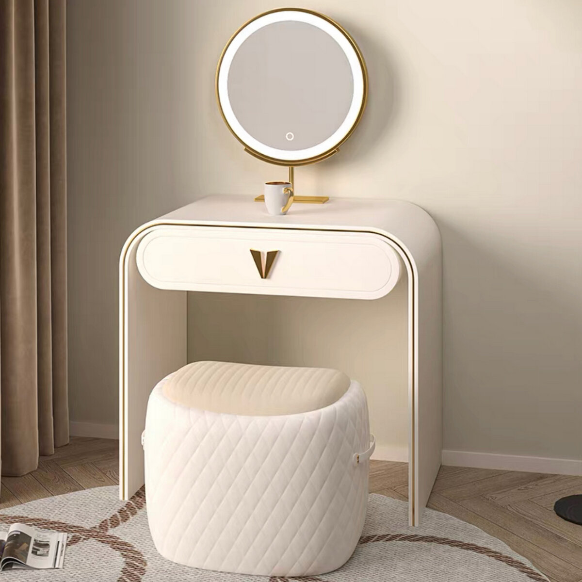 Туалетный столик Amille (Комплект стол 80см + зеркало с подсветкой + пуф / белый)