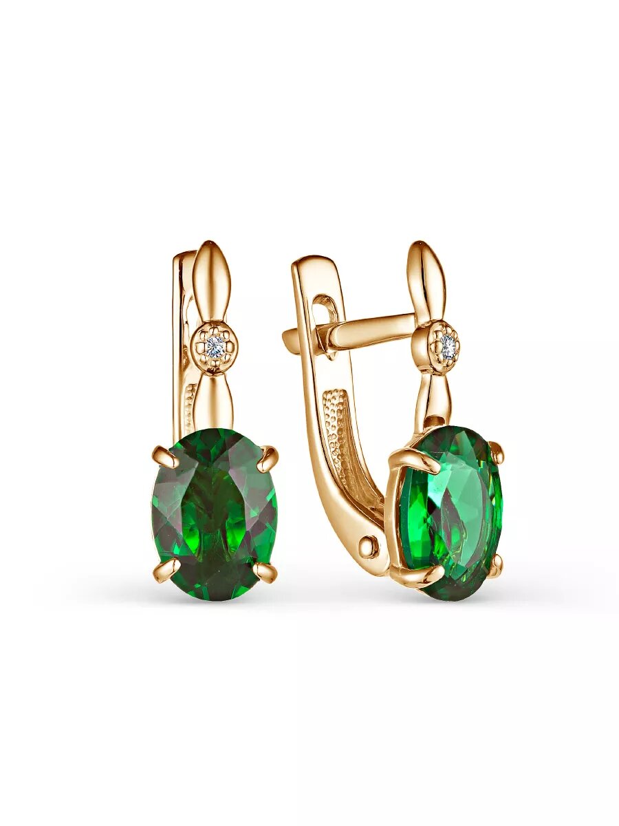 Серьги, красное золото, 585 проба, бриллиант, изумруд синтетический, изумруд