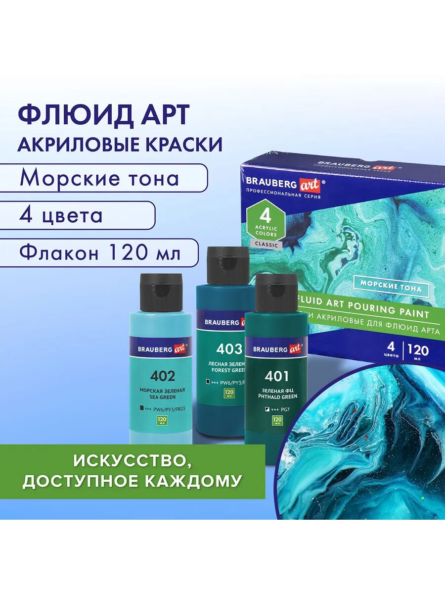 Краски акриловые для Флюид Арта, 4 цвета по 120 мл