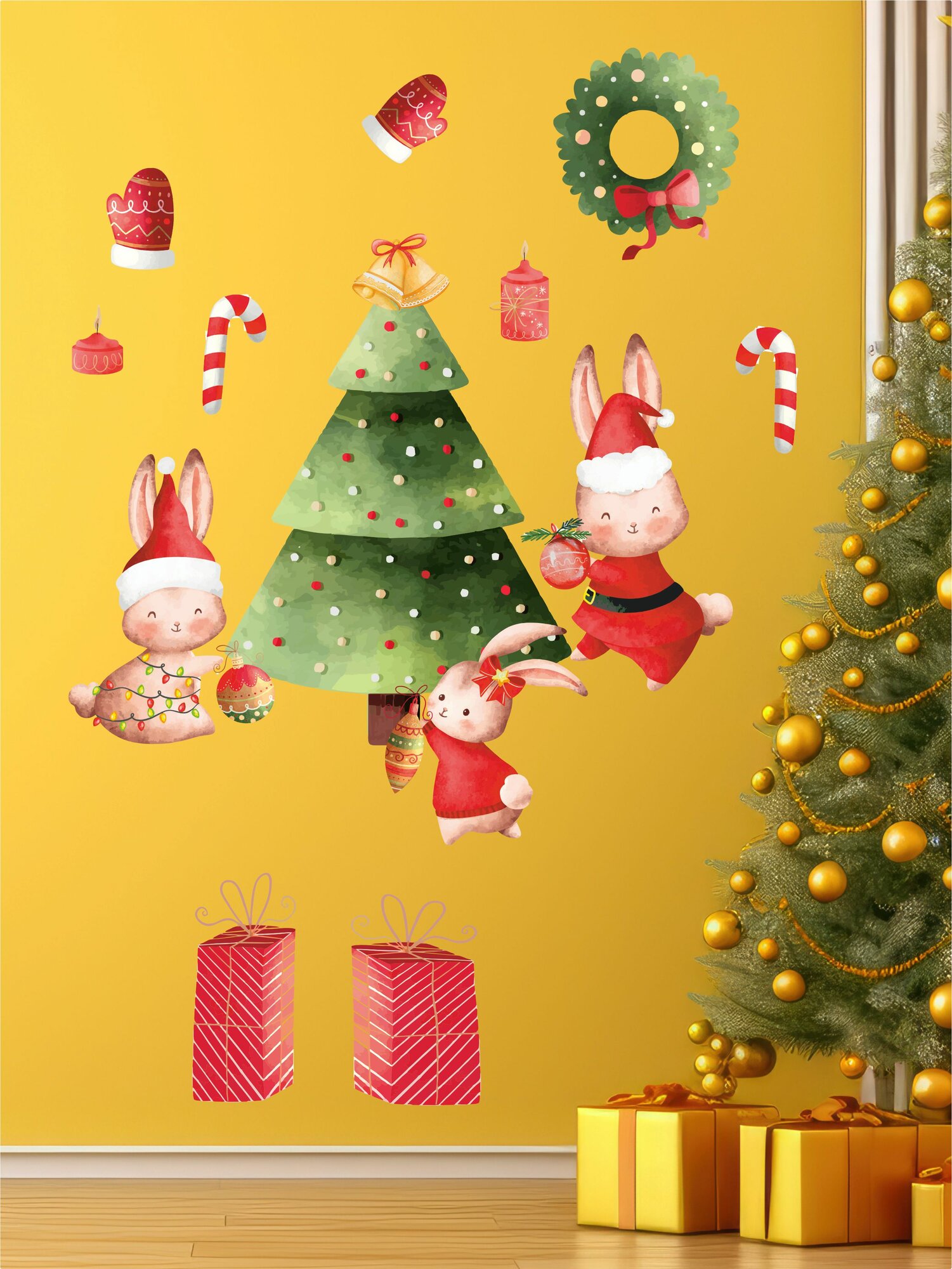 Наклейки интерьерные новогодний декор 2026 Милые зайчики 60х120 см на стену окна дверь мебель.