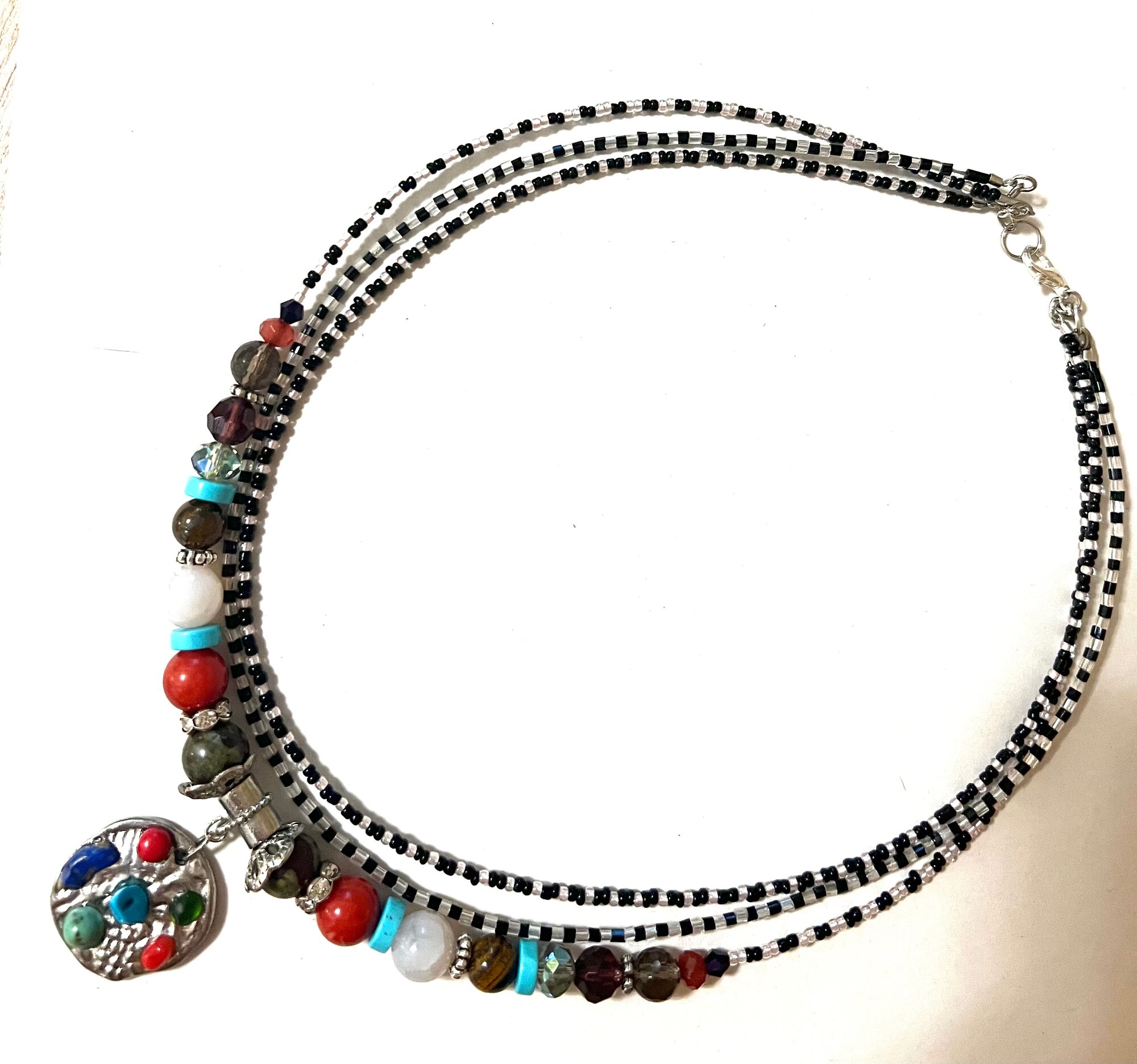 Колье, тигровый глаз, коралл, гранат, агат, бисер, раухтопаз, бирюза