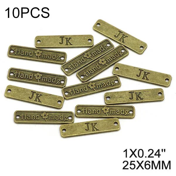 Металлические бирки "Handmade" и "JK", бронзовые, 25x6 мм, 10 шт.