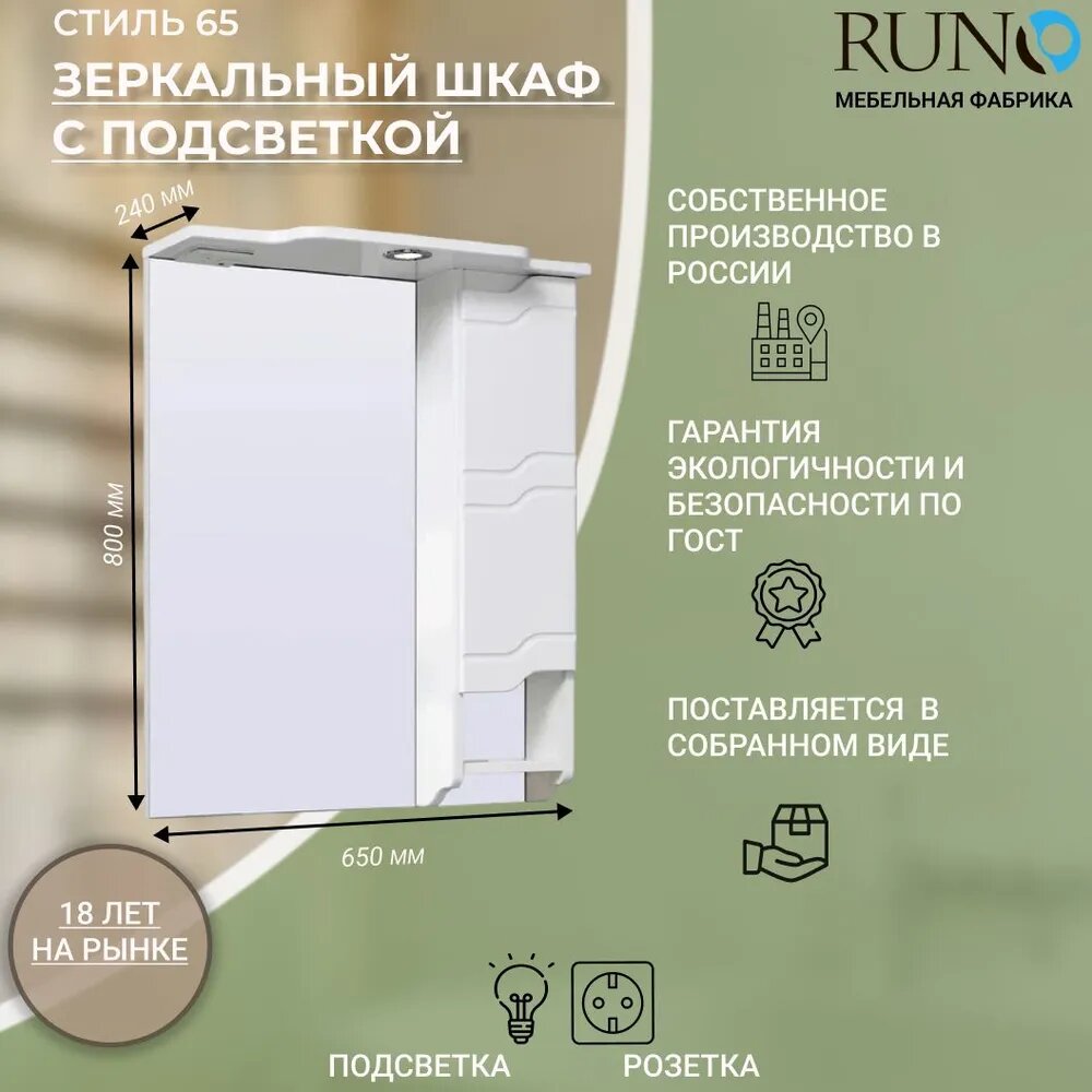 Шкаф в ванную с зеркалом Runo Стиль 65, с подсветкой, правый