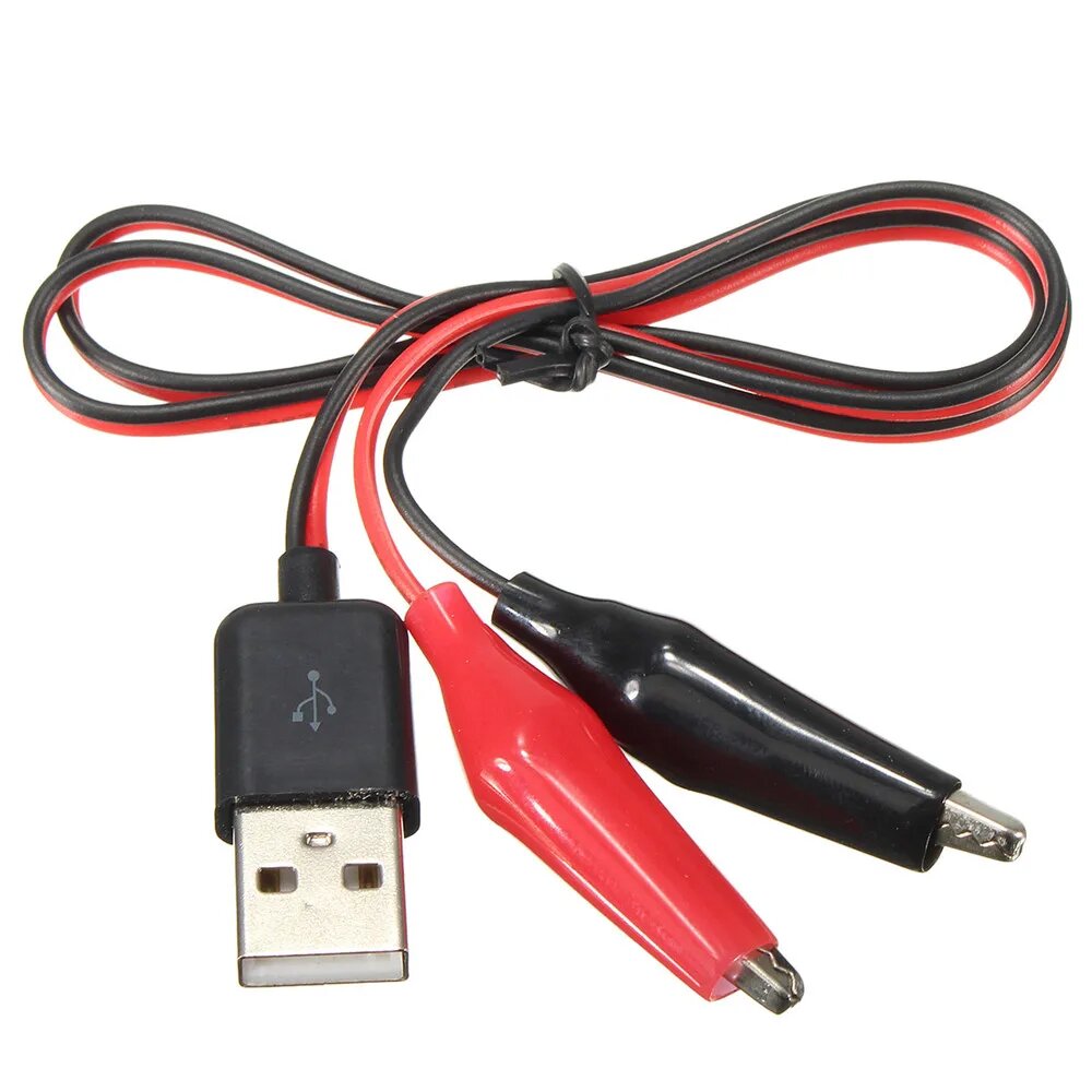 USB кабель с зажимами "крокодил", красный и черный, 58 см