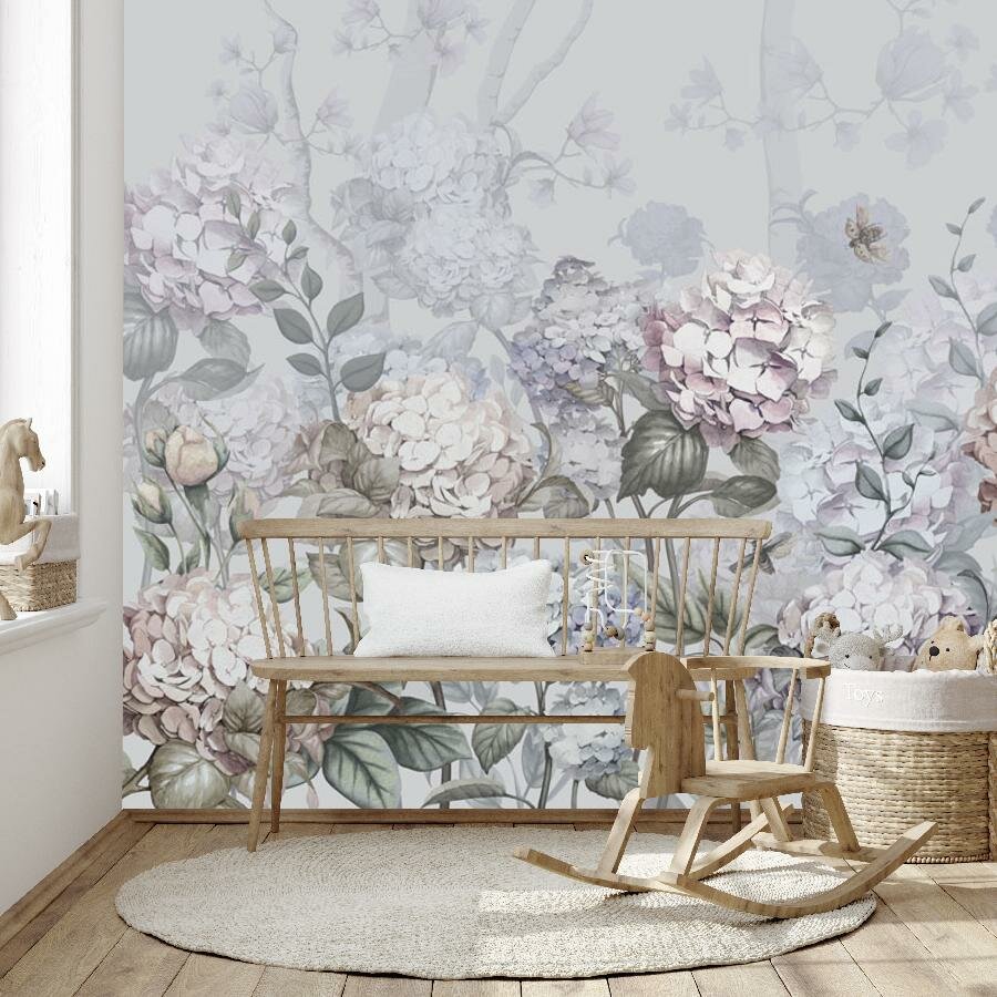 Фотообои Гортензии в саду 13-109-S-Холст 270 x 200 см (ВхШ) Бесшовные, флизелиновые, влагостойкие обои MasterFresok