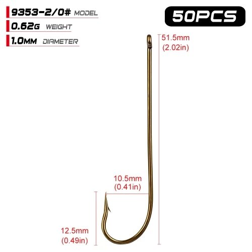 Рыболовные крючки 9353-2/0#, 50 шт, 0.62g, 1.0mm