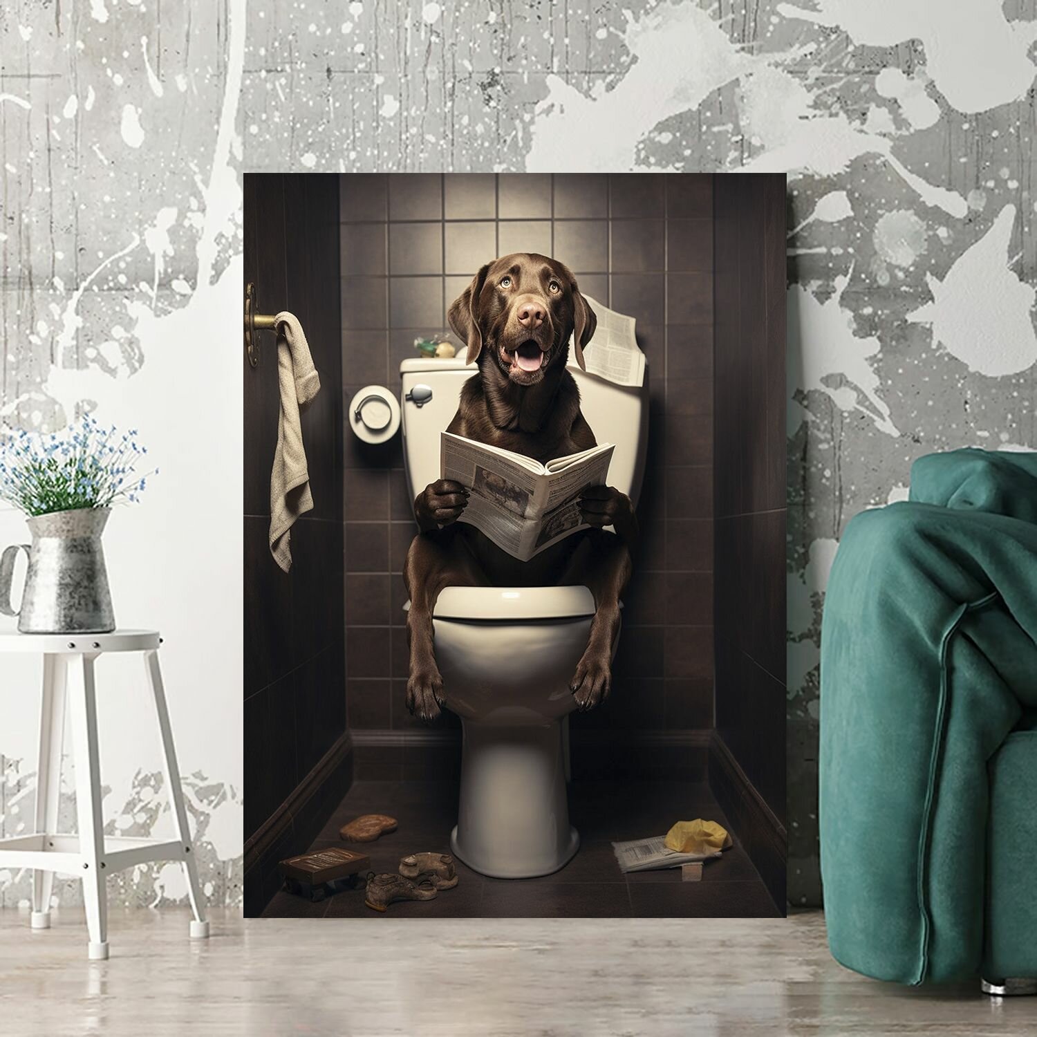 Картина в туалет, ванную комнату Лабрадор читает, 20х30 см.