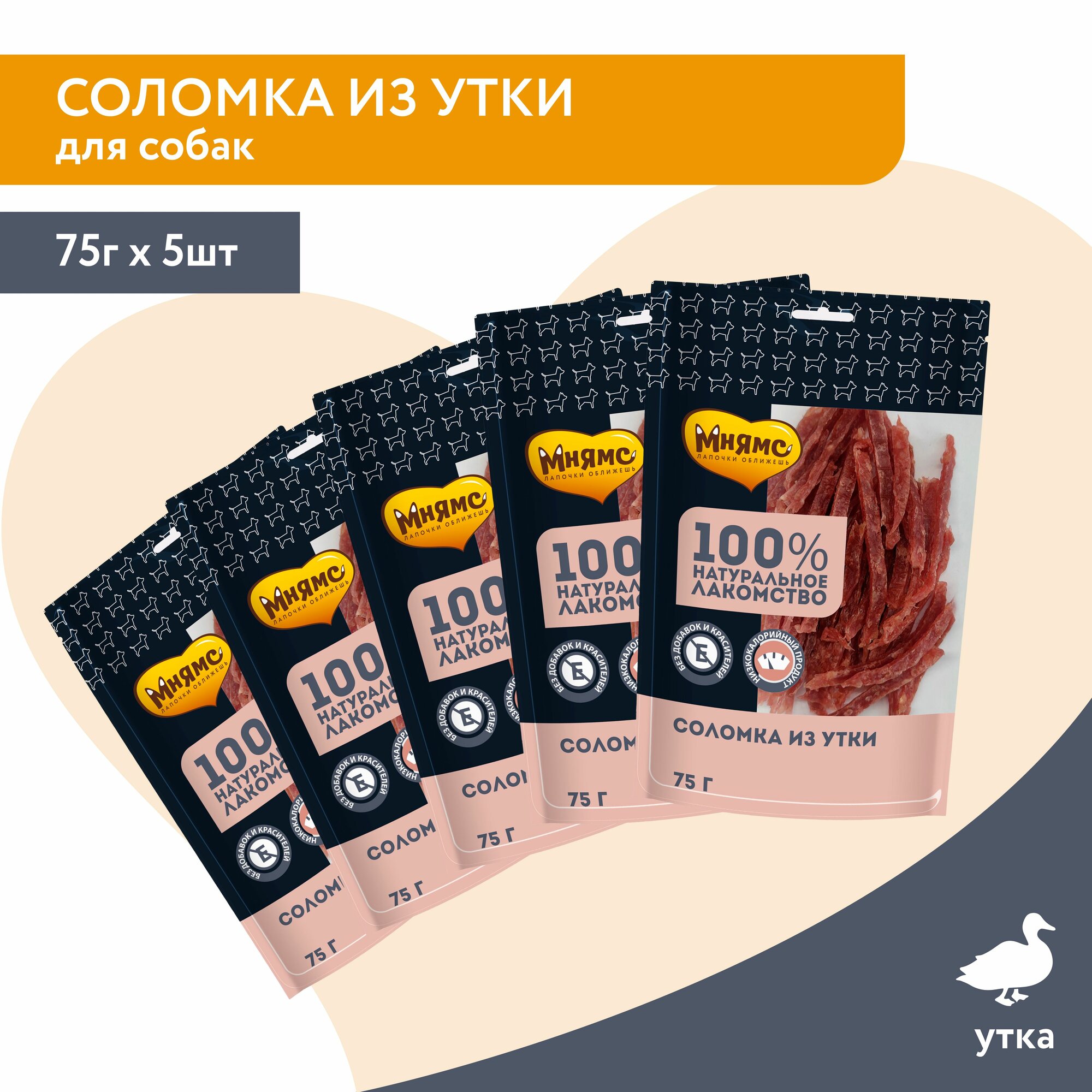 Лакомство Мнямс для собак Соломка из утки 75 грамм * 5 упаковок