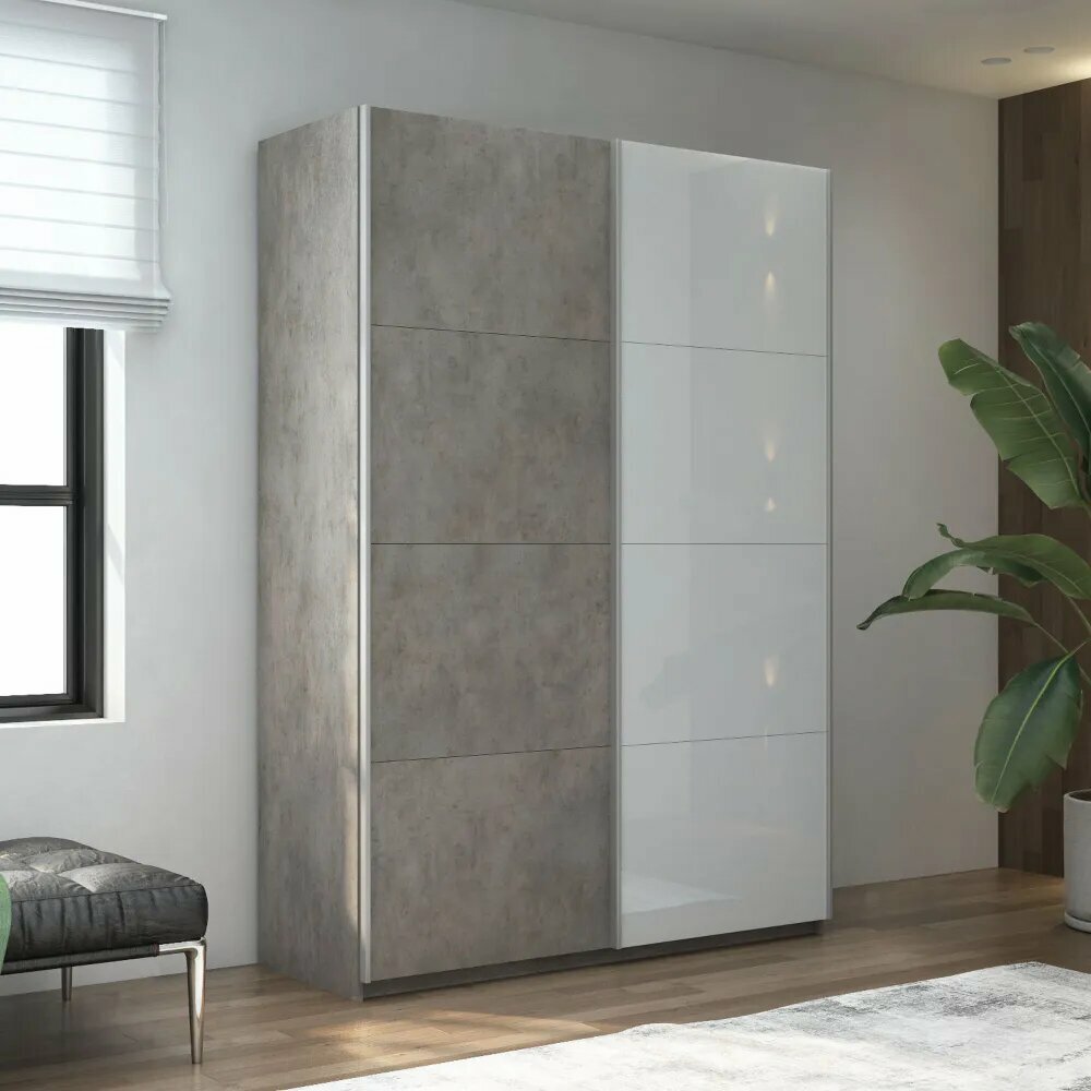 Шкаф-купе Прайм 2-x дв 140 x 230 x 57 ЛДСП Белое Стекло Бетон с доводчиками