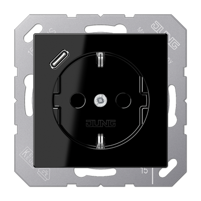 JUNG Розетка SCHUKO® с USB-зарядным устройством, тип С термопласт черный, A1520-18CSW