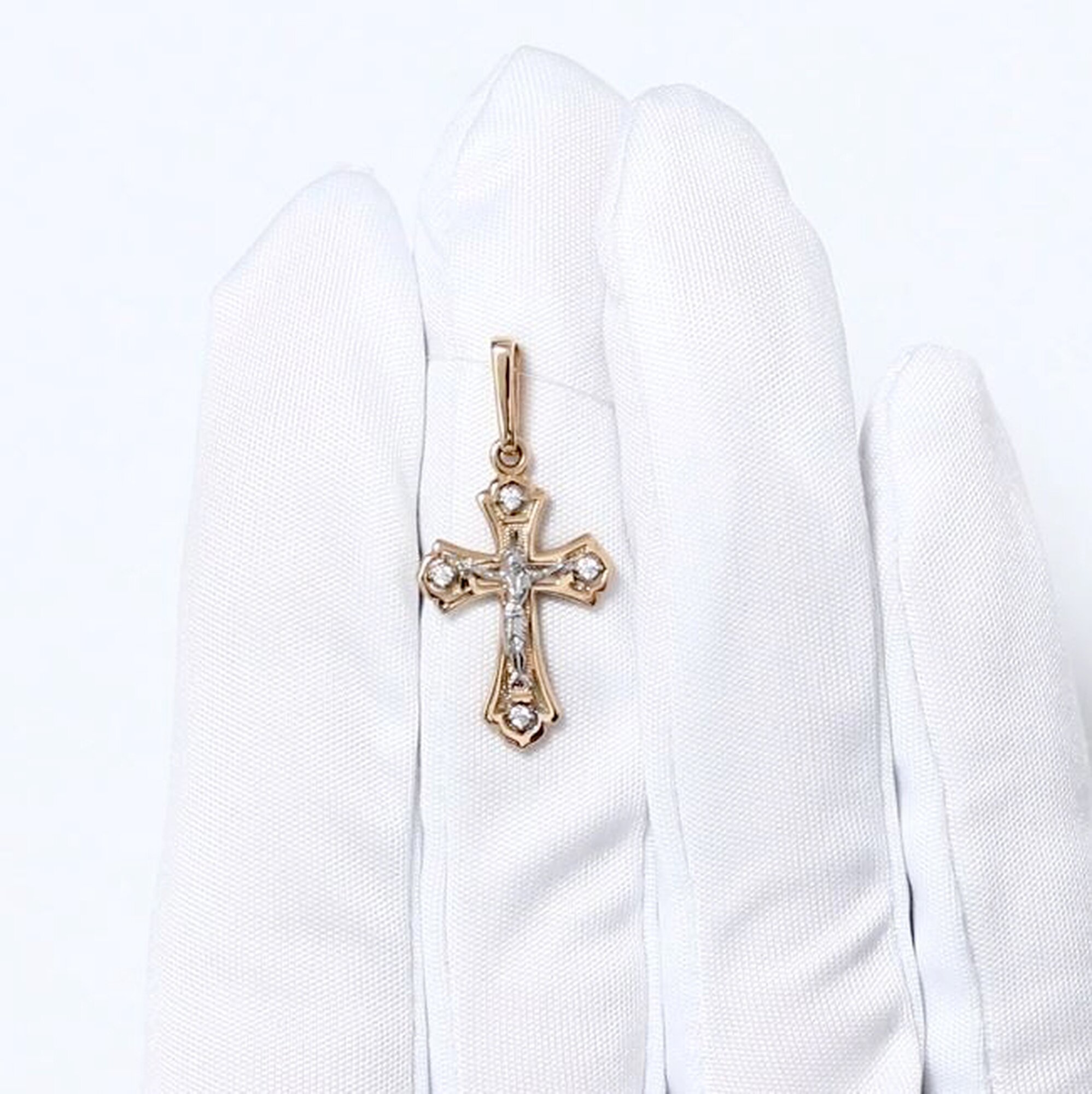 Крестик, красное золото, 585 проба, фианит