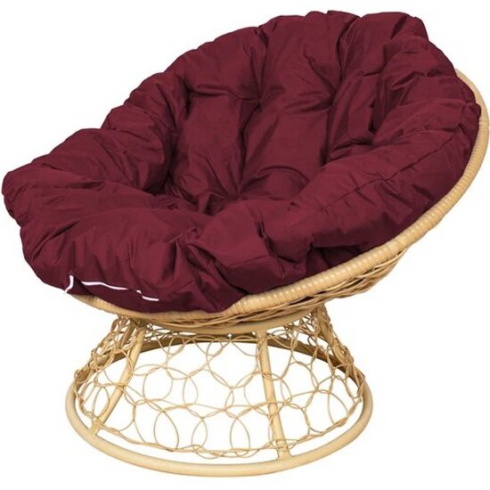 Кресло M-group папасан с ротангом бежевое, бордовая подушка