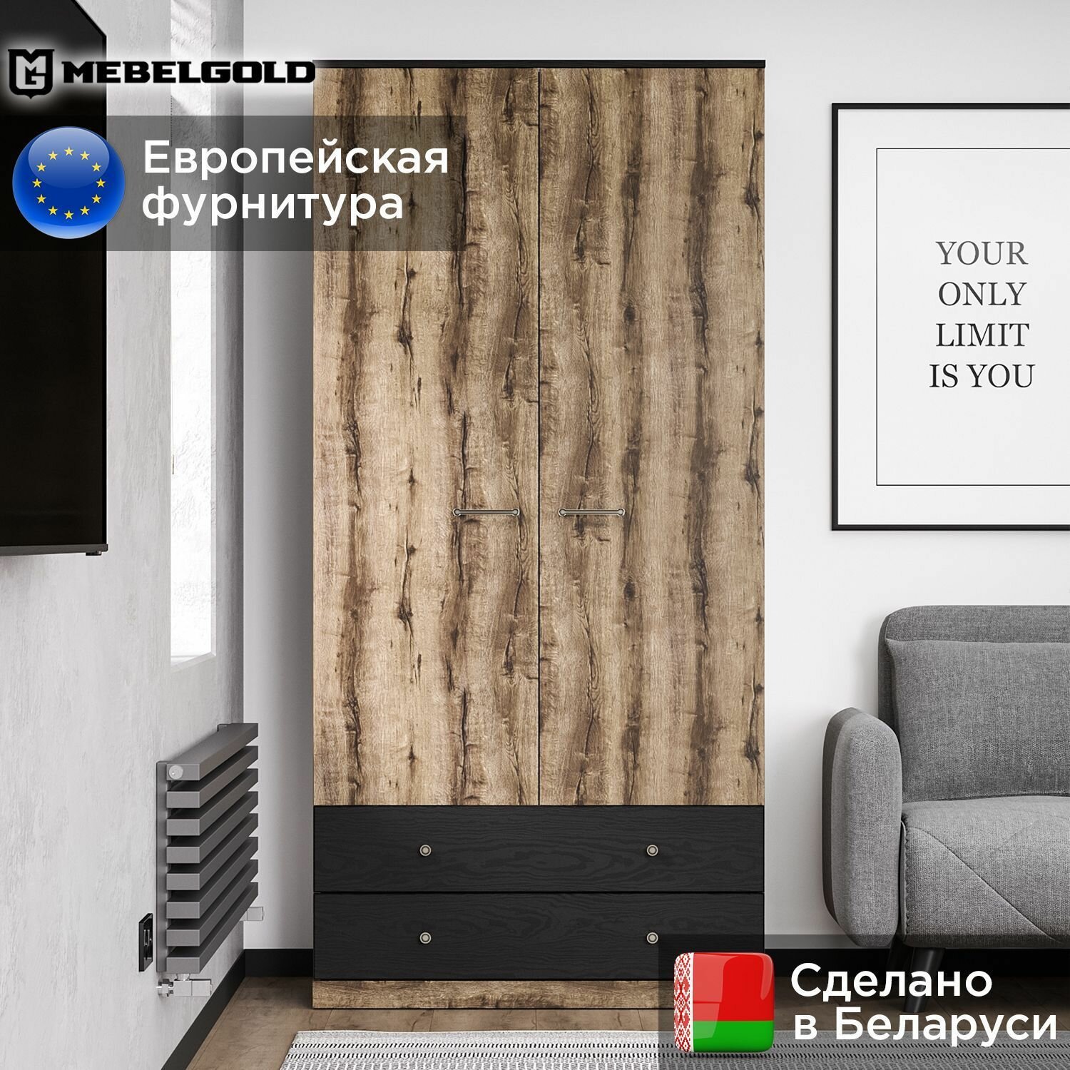 Шкаф 2-створчатый Джаггер / Jagger 2DG2S МебельГолд, 100х58х210 см