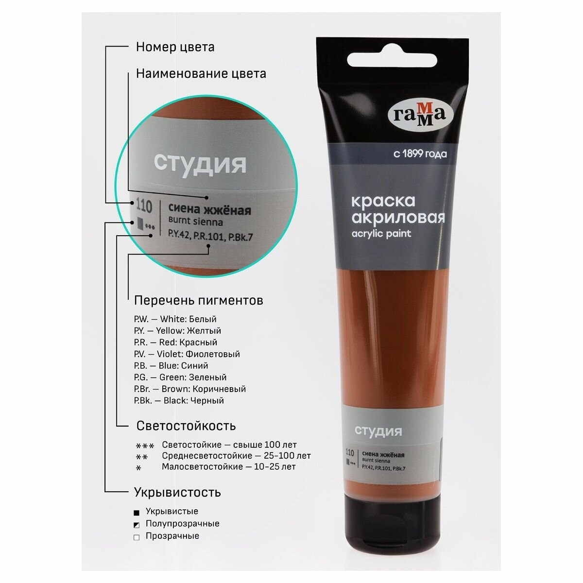 Краска акриловая художественная Гамма "Студия", 110 мл, сиена жженая, пластиковая туба (2802110110)