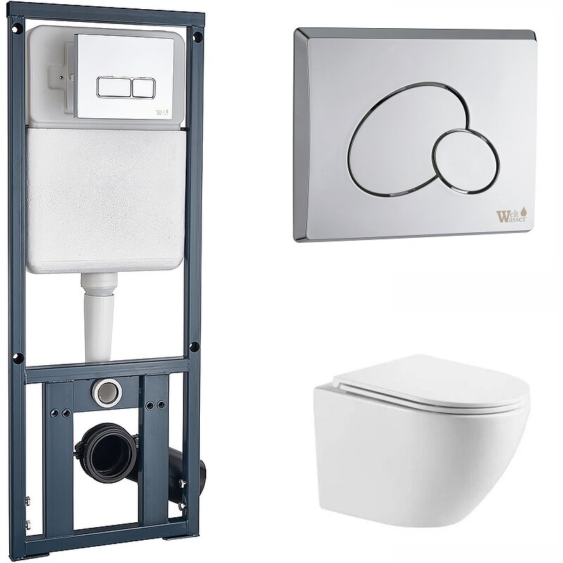 Унитаз подвесной WeltWasser MARBERG 410+MERZBACH 043 XL GL-WT+MAR 410 RD-CR белый/кнопка хром, безободковый, с крышкой микролифт, с инсталляцией, слив торнадо