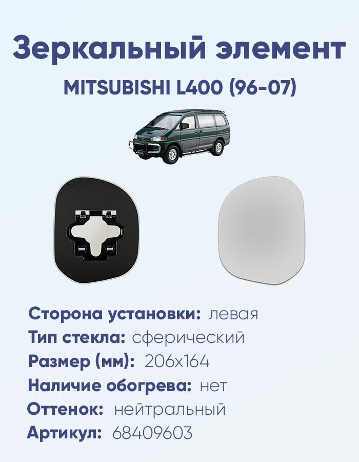 Зеркальный элемент левый MITSUBISHI L400 (96-07) сфера нейтральный без обогрева