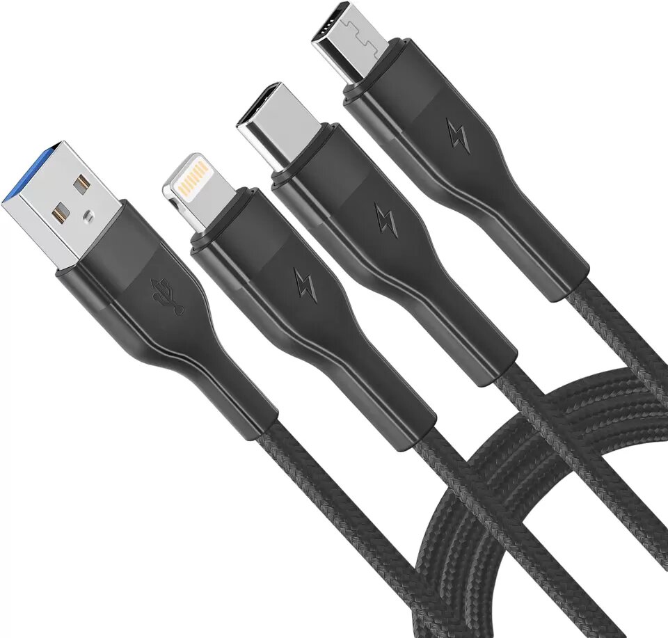 Кабель Electron TypeC+Micro+Lightning 1м черный ELNPRO-CAB-3IN1-1-NLN USBA) — фото 1