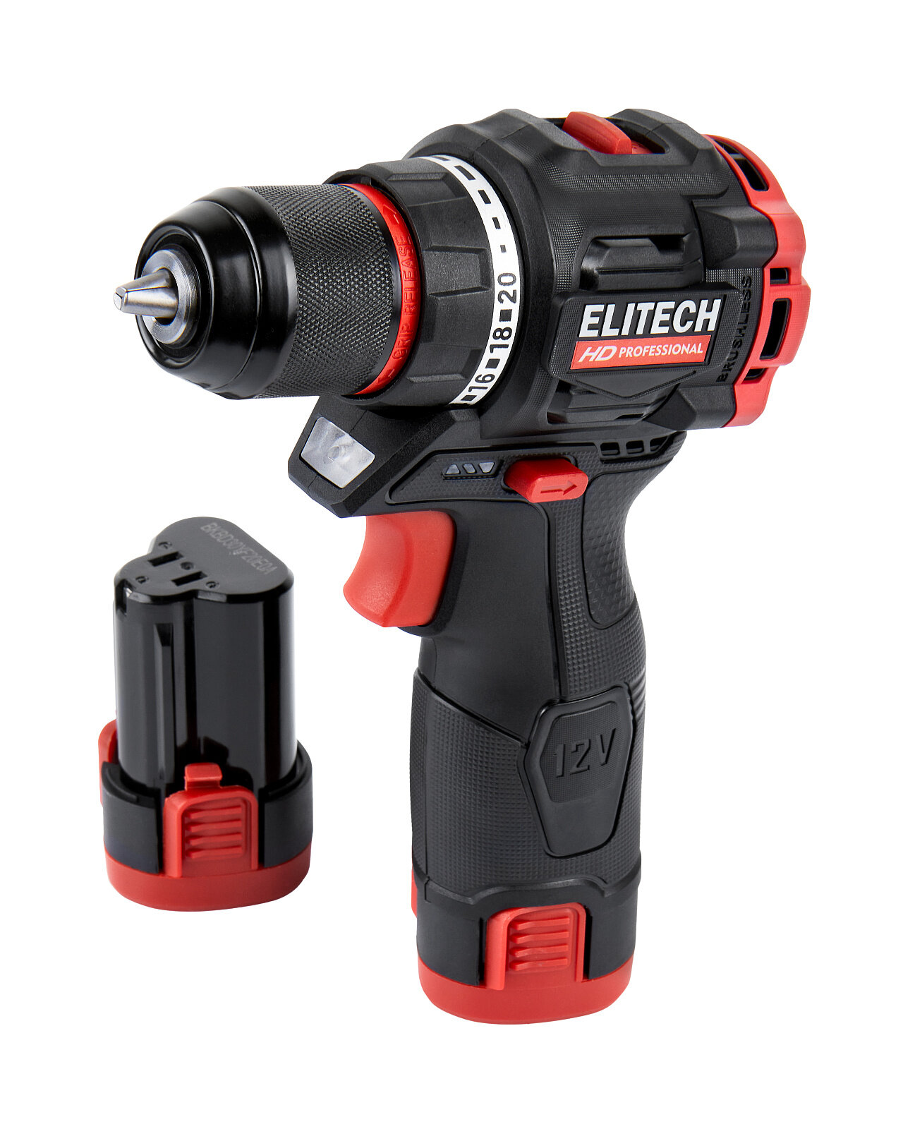 Дрель-шуруповерт аккумуляторная Elitech E2201.038.01 CD12L2 бесщеточная 12В, 2х2.0Ач, Li-ion, БЗП-10мм, 0-450\1800об\м, 36Нм, 0.8кг, чем, подсветка