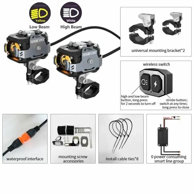 Противотуманные LED-фары Future Eyes F150 для мотоцикла, 12В 60Вт, комбинированный ближний/дальний, с проводным переключателем