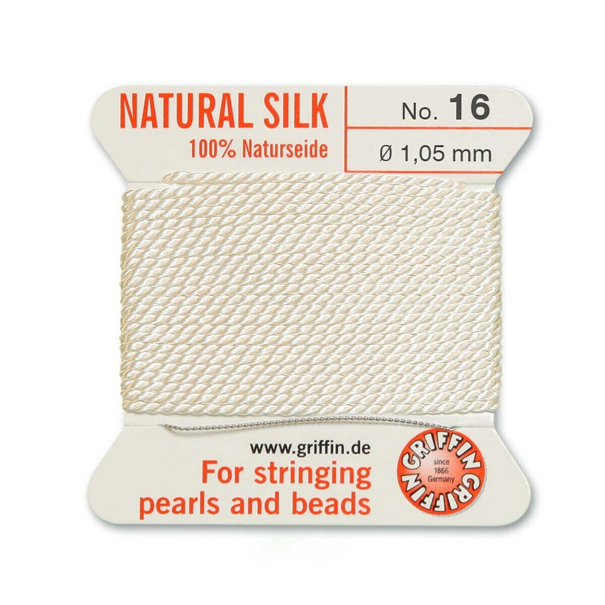 Нить шелковая, Griffin No.16 (1.05мм), молочно-белая, с иглой, моток, 2 метра