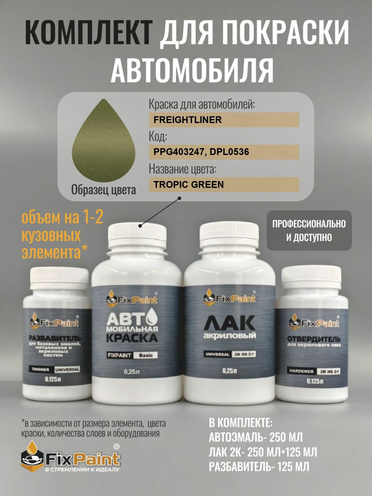 Комплект для покраски FREIGHTLINER, код PPG403247, DPL0536, TROPIC GREEN, базовая автомобильная эмаль 250 мл, лак 2K 250 мл с отвердителем, разбавитель 125 мл, FixPaint Pro