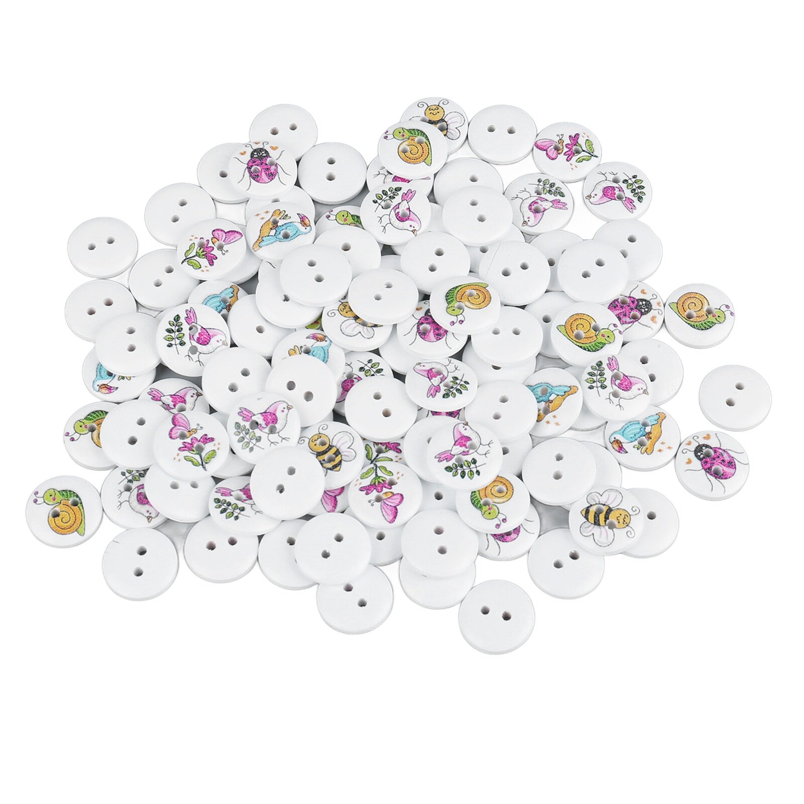 100 шт. 0,6-дюймовые разноцветные деревянные пуговицы с рисунком, пуговицы для рукоделия, декоративные круглые пуговицы для шитья, рукоделия, белый фон, пчелы, бабочки, цветы и т. д.