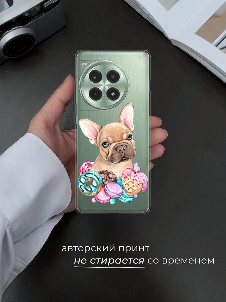Чехол на OnePlus Ace 3 Pro / Ван Плас Эйс 3 Про с принтом "Бульдог и сладости", прозрачный — фото 1